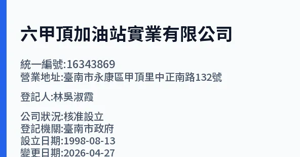 六甲頂加油站實業有限公司的照片-統編 16343869(臺南市) 公司登記資料與營業項目詳細圖表