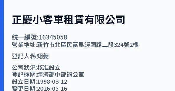 正慶小客車租賃有限公司的照片-統編 16345058(新竹市) 公司登記資料與營業項目詳細圖表