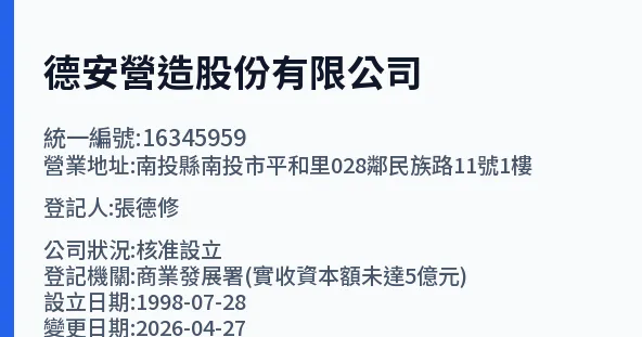 德安營造股份有限公司的照片-統編 16345959(南投縣) 公司登記資料與營業項目詳細圖表