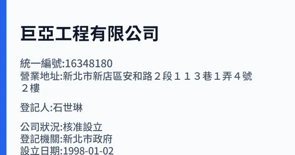 巨亞工程有限公司的照片-統編 16348180(新北市) 公司登記資料與營業項目詳細圖表