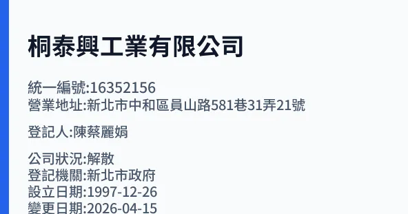 桐泰興工業有限公司的照片-統編 16352156(新北市) 公司登記資料與營業項目詳細圖表