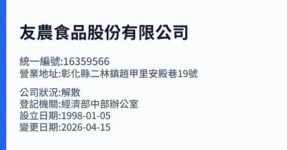 友農食品股份有限公司的照片-統編 16359566(彰化縣) 公司登記資料與營業項目詳細圖表