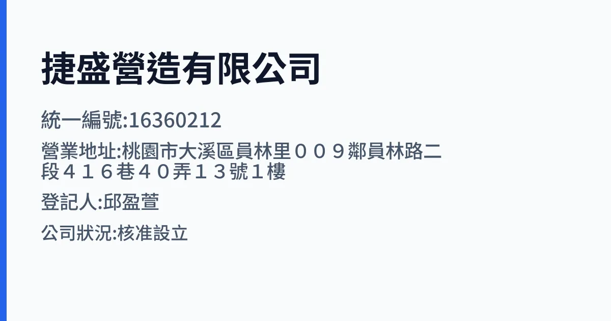 捷盛營造有限公司 - 統編 16360212(桃園市) 公司登記資料與營業項目詳細圖表