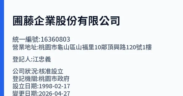 圃藤企業股份有限公司的照片-統編 16360803(桃園市) 公司登記資料與營業項目詳細圖表