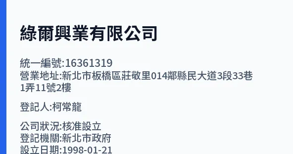 綠爾興業有限公司的照片-統編 16361319(新北市) 公司登記資料與營業項目詳細圖表