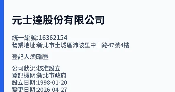 元士達股份有限公司的照片-統編 16362154(新北市) 公司登記資料與營業項目詳細圖表