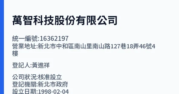 萬智科技股份有限公司的照片-統編 16362197(新北市) 公司登記資料與營業項目詳細圖表