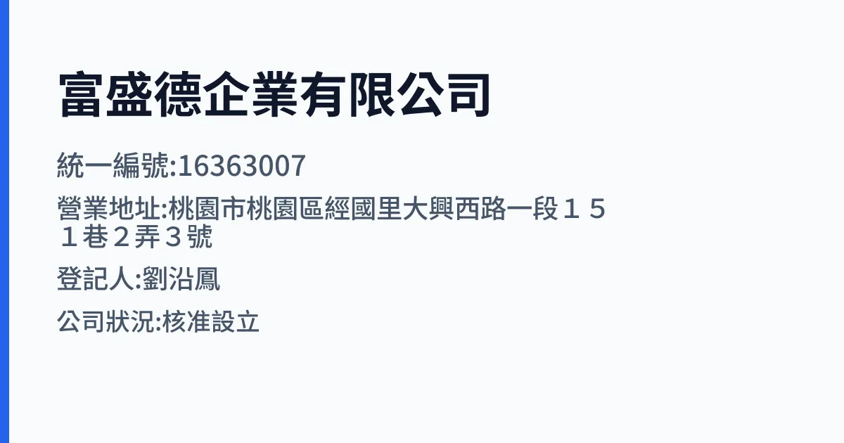 富盛德企業有限公司 - 統編 16363007(桃園市) 公司登記資料與營業項目詳細圖表