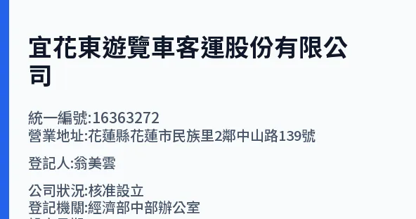 宜花東遊覽車客運股份有限公司的照片-統編 16363272(花蓮縣) 公司登記資料與營業項目詳細圖表