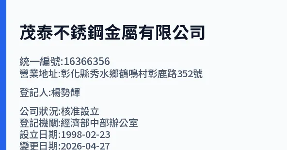 茂泰不銹鋼金屬有限公司的照片-統編 16366356(彰化縣) 公司登記資料與營業項目詳細圖表