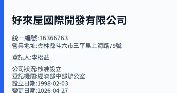 好來屋國際開發有限公司的照片-統編 16366763(雲林縣) 公司登記資料與營業項目詳細圖表
