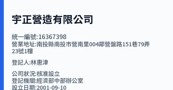 宇正營造有限公司的照片-統編 16367398(南投縣) 公司登記資料與營業項目詳細圖表