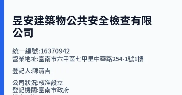 昱安建築物公共安全檢查有限公司的照片-統編 16370942(臺南市) 公司登記資料與營業項目詳細圖表