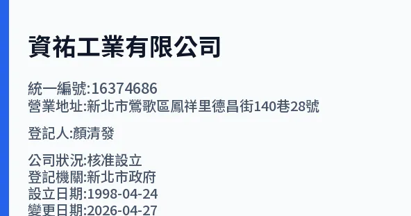 資祐工業有限公司的照片-統編 16374686(新北市) 公司登記資料與營業項目詳細圖表