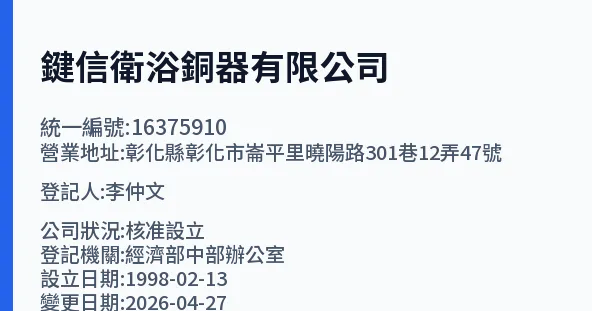 鍵信衛浴銅器有限公司的照片-統編 16375910(彰化縣) 公司登記資料與營業項目詳細圖表