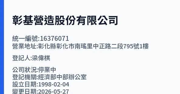 彰基營造股份有限公司的照片-統編 16376071(彰化縣) 公司登記資料與營業項目詳細圖表