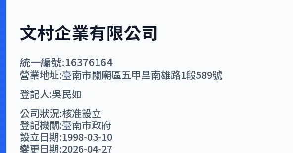 文村企業有限公司的照片-統編 16376164(臺南市) 公司登記資料與營業項目詳細圖表