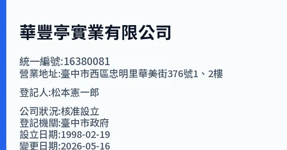 華豐亭實業有限公司的照片-統編 16380081(臺中市) 公司登記資料與營業項目詳細圖表