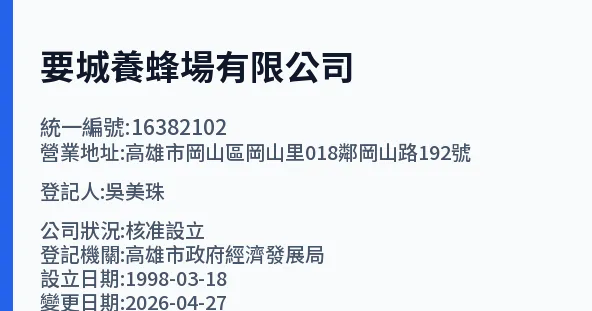 要城養蜂場有限公司的照片-統編 16382102(高雄市) 公司登記資料與營業項目詳細圖表
