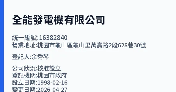 全能發電機有限公司的照片-統編 16382840(桃園市) 公司登記資料與營業項目詳細圖表