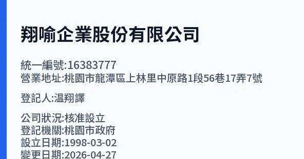 翔喻企業股份有限公司的照片-統編 16383777(桃園市) 公司登記資料與營業項目詳細圖表