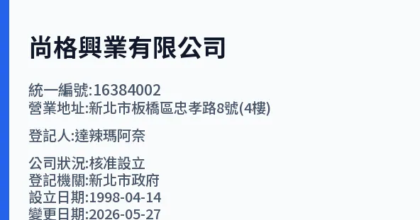 尚格興業有限公司的照片-統編 16384002(新北市) 公司登記資料與營業項目詳細圖表