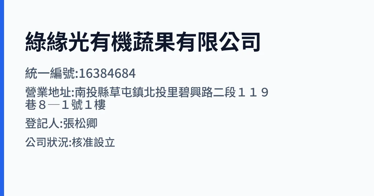 綠緣光有機蔬果有限公司 - 統編 16384684（南投縣） 公司登記資料與營業項目詳細圖表