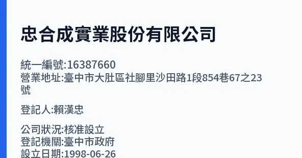 忠合成實業股份有限公司的照片-統編 16387660(臺中市) 公司登記資料與營業項目詳細圖表