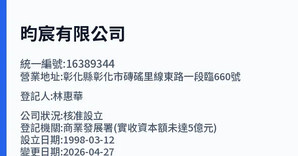 昀宸有限公司的照片-統編 16389344(彰化縣) 公司登記資料與營業項目詳細圖表
