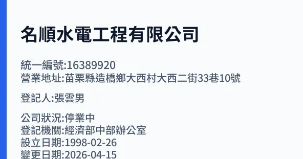 名順水電工程有限公司的照片-統編 16389920(苗栗縣) 公司登記資料與營業項目詳細圖表