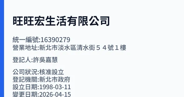 旺旺宏生活有限公司的照片-統編 16390279(新北市) 公司登記資料與營業項目詳細圖表