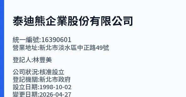 泰迪熊企業股份有限公司的照片-統編 16390601(新北市) 公司登記資料與營業項目詳細圖表
