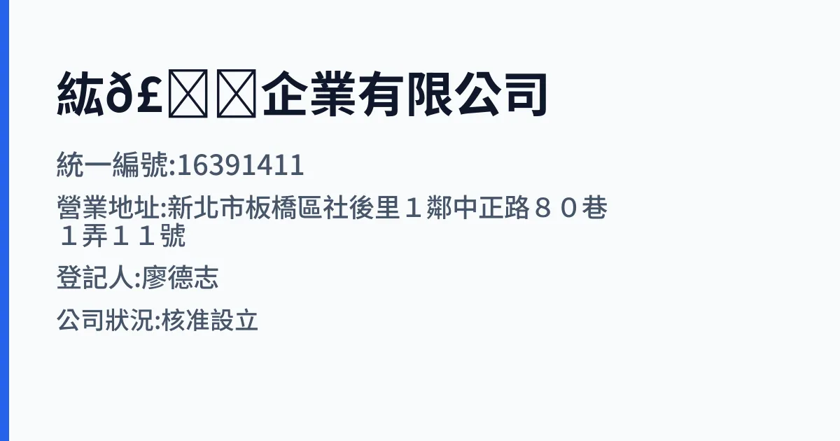 紘𣇓企業有限公司 - 統編 16391411(新北市) 公司登記資料與營業項目詳細圖表