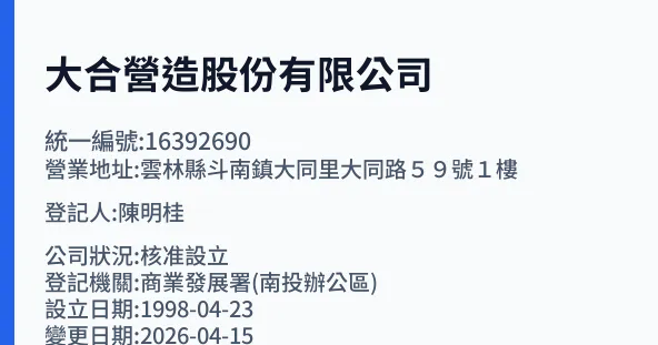 大合營造股份有限公司的照片-統編 16392690(雲林縣) 公司登記資料與營業項目詳細圖表