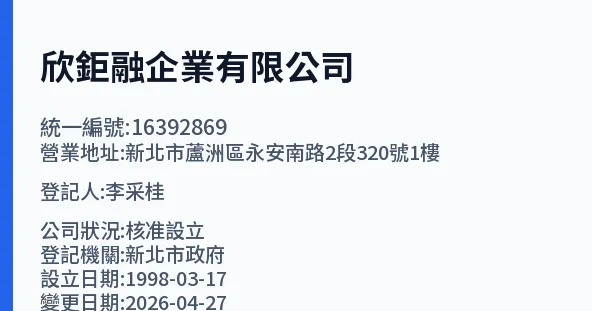 欣鉅融企業有限公司的照片-統編 16392869(新北市) 公司登記資料與營業項目詳細圖表