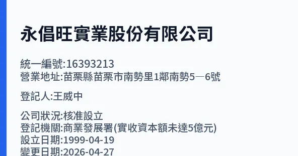 永倡旺實業股份有限公司的照片-統編 16393213(苗栗縣) 公司登記資料與營業項目詳細圖表