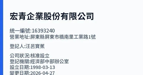 宏青企業股份有限公司的照片-統編 16393240(屏東縣) 公司登記資料與營業項目詳細圖表
