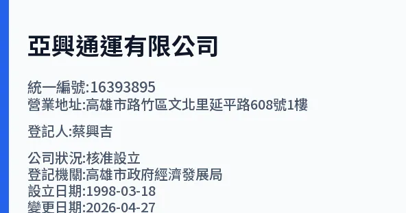 亞興通運有限公司的照片-統編 16393895(高雄市) 公司登記資料與營業項目詳細圖表