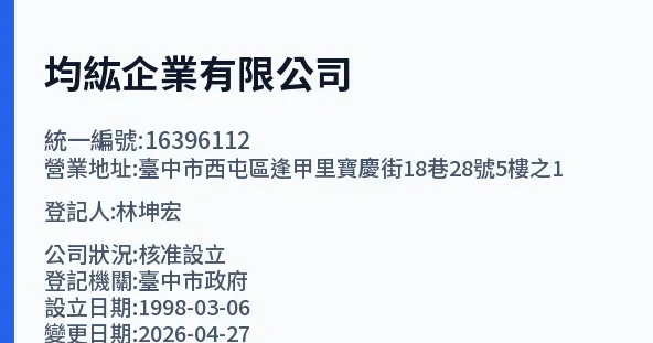 均紘企業有限公司的照片-統編 16396112(臺中市) 公司登記資料與營業項目詳細圖表