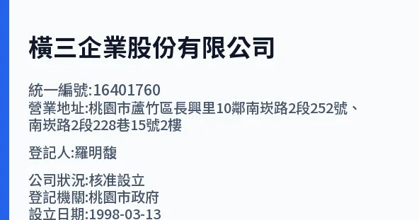 橫三企業股份有限公司的照片-統編 16401760(桃園市) 公司登記資料與營業項目詳細圖表