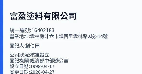 富盈塗料有限公司的照片-統編 16402183(雲林縣) 公司登記資料與營業項目詳細圖表