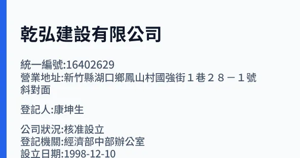 乾弘建設有限公司的照片-統編 16402629(新竹縣) 公司登記資料與營業項目詳細圖表