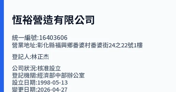 恆裕營造有限公司的照片-統編 16403606(彰化縣) 公司登記資料與營業項目詳細圖表