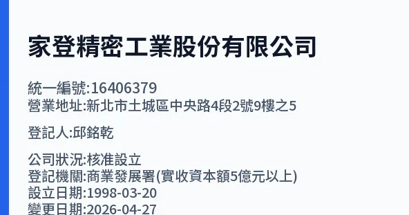 家登精密工業股份有限公司的照片-統編 16406379(新北市) 公司登記資料與營業項目詳細圖表