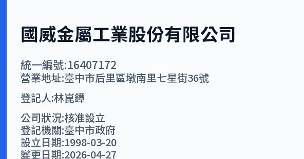 國威金屬工業股份有限公司的照片-統編 16407172(臺中市) 公司登記資料與營業項目詳細圖表
