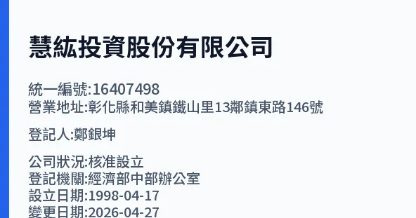 慧紘投資股份有限公司的照片-統編 16407498(彰化縣) 公司登記資料與營業項目詳細圖表