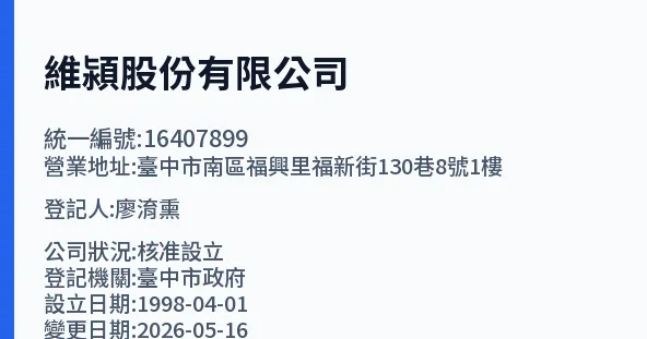 維潁股份有限公司的照片-統編 16407899(臺中市) 公司登記資料與營業項目詳細圖表