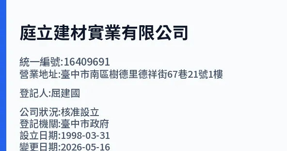 庭立建材實業有限公司的照片-統編 16409691(臺中市) 公司登記資料與營業項目詳細圖表