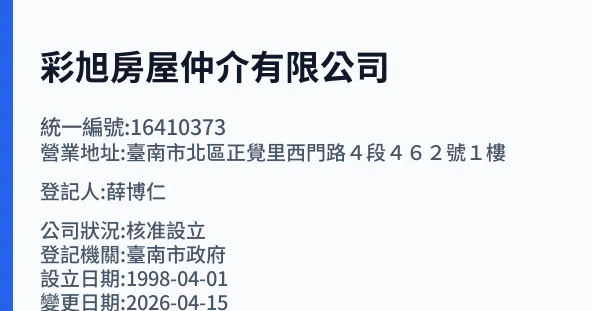 彩旭房屋仲介有限公司的照片-統編 16410373(臺南市) 公司登記資料與營業項目詳細圖表