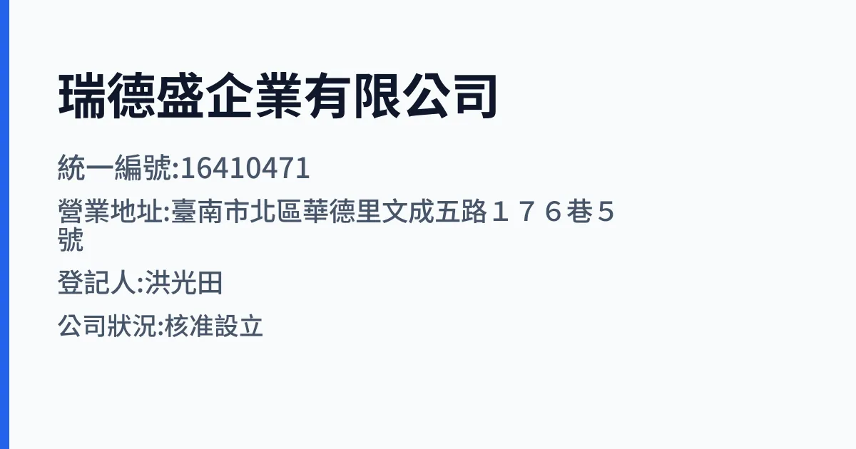 瑞德盛企業有限公司 - 統編 16410471(臺南市) 公司登記資料與營業項目詳細圖表